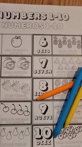 English-to-Spanish Fruity Numbers Coloring Learning Worksheet 1-10