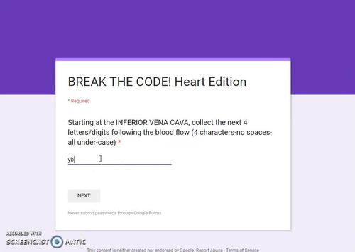Break the Code: Heart Edition! Printed OR Virtual Game to review the heart!