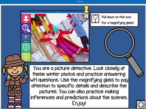 Winter WH Questions Speech Therapy Describing Pictures Detective Boom Cards