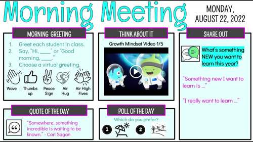 Morning Meeting 1 - 17 (Semester 1) Video, Quote, Poll- Save Time -SEL