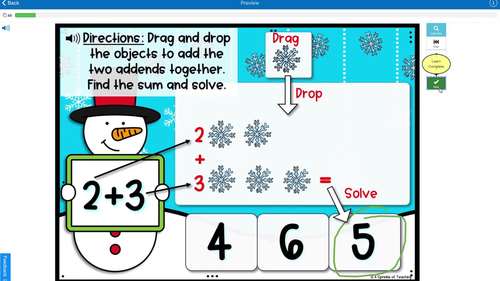Addition Within 5 - Digital Manipulatives - Math Mats - Winter Boom Cards