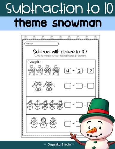 Snowman subtraction with picture to 10 |subtract to 10|winter addition ...