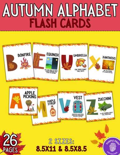 Autumn/Fall Theme Alphabet Letter Fall Vocabulary Flash Cards for Pre-K ...