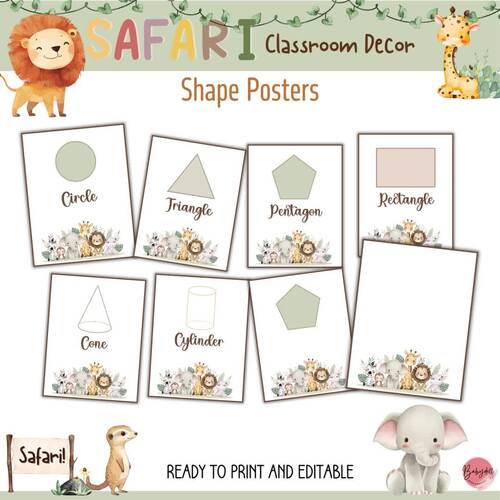 Shape Posters 2D and 3D | Safari Jungle Classroom Decor | Editable