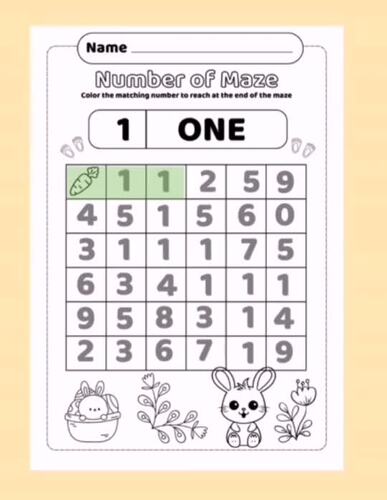 Color Matching & Number Maze 1-10 | Bunny Theme | for Preschool | 11 pages