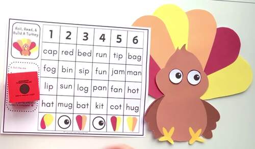 Thanksgiving CVC Literacy Game for Kindergarten – Roll, Read, & Build A ...