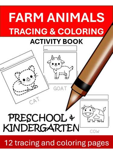 FARM ANIMALS TRACING & COLORING ACT. BOOK PRESCHOOL /KINDERGARTEN
