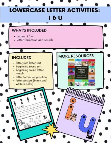 Lowercase Letter Phonics and Handwriting Activities: i and u by Ms Beh in K