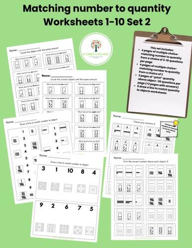 Math-match number to quantity 1-10 worksheets Set 2 | TPT
