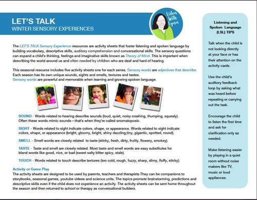 WINTER Listen Talk and Describe Sensory Activity Sheets DHH Hearing Loss