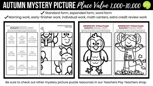 Autumn Fall Mystery Puzzle Place Value 1,000-10,000 by Oak Roots and Arrows