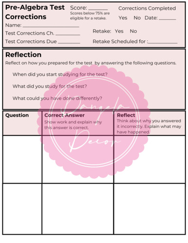 Pre-Algebra Test Corrections for Middle and High School Math Classes