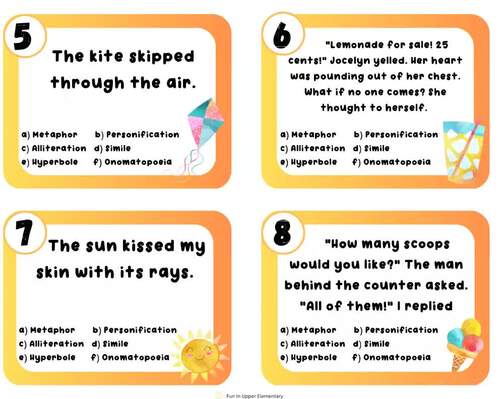 Summer Figurative Language Task Cards for 3rd, 4th, and 5th Grade