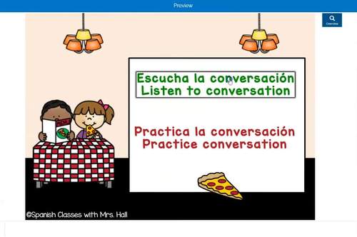Conversation in Spanish- Ordering a pizza- Restaurant in BOOM CARDS