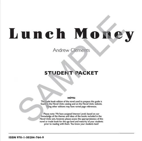 Lunch Money Novel Units® Student Packet Novel Study | TPT