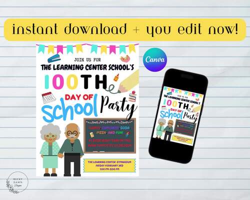 100th Day of School Editable Flyer and Social Media Template, Printable
