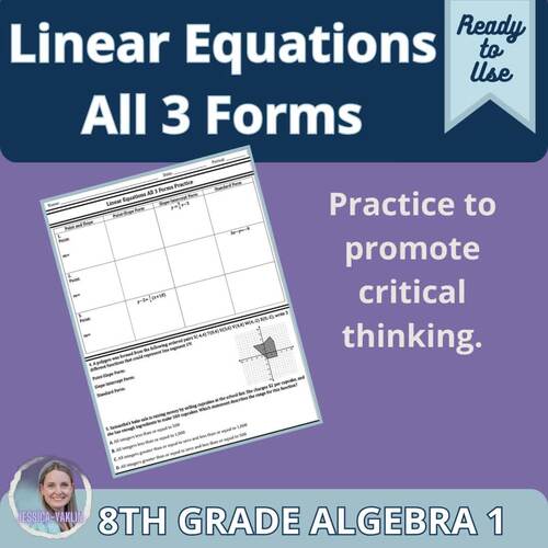 Linear Equations Practice Worksheet | Slope-Intercept, Point-Slope, and ...
