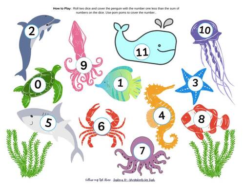 PRESCHOOL MATH - OCEAN ANIMAL 'Roll and Cover' DICE GAME - NUMBER SENSE