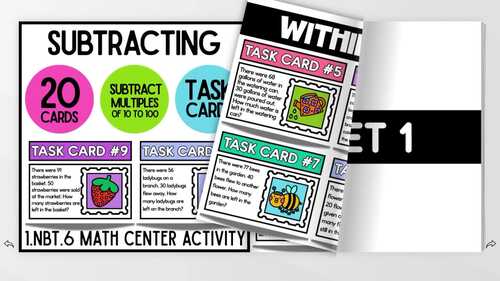 1st Grade | Subtracting Multiples of 10 Word Problems | Task Cards | Spring