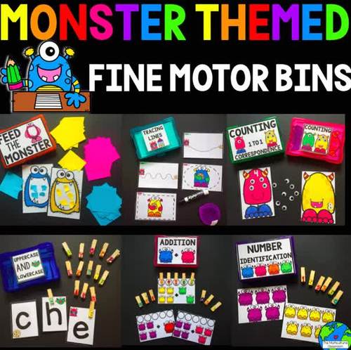 Monster Themed Fine Motor Task Boxes by A Kinder World -- Jenny LaRocque