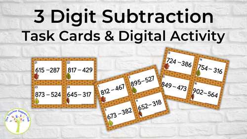 Math Three Digit Subtraction Write the Room Task Cards and Digital for Fall