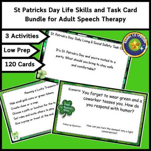 St Patricks Day Life Skills and Task Card Bundle for Adult Speech Therapy