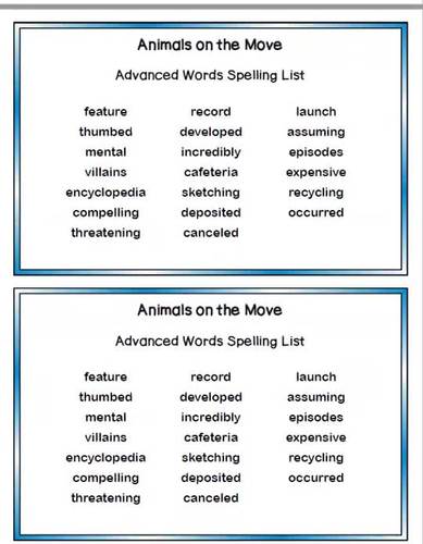 Journeys 5th Grade Unit 6 Lessons 26-30 Advanced Spelling Words Lists