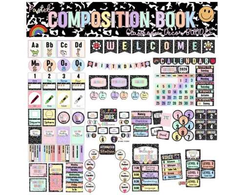 Composition Notebook Classroom Decor Bundle | Editable Pastel Theme ...