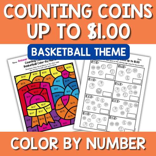 Basketball Counting Money Coins Up to $1 Color by Number Code 2nd Grade ...