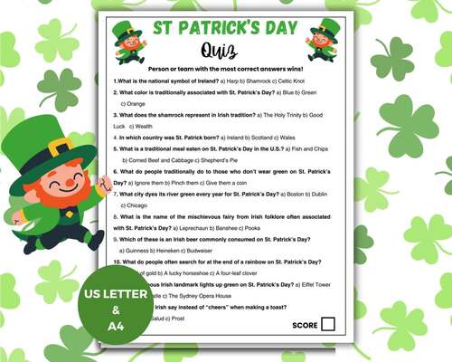 St Patricks Day Quiz, Fun Printable Trivia Game for All Ages, St Paddy ...
