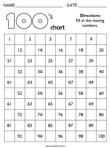 Missing Numbers Worksheets to 120, 100 Chart Missing Number, Counting ...