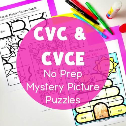 CVC and CVCE Worksheet Spring Literacy Activities Mystery Pictures No Prep