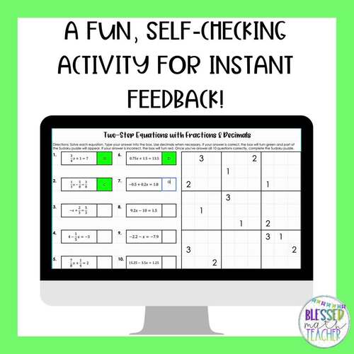 Two-Step Equations with Fractions & Decimals Digital Activity and Worksheet