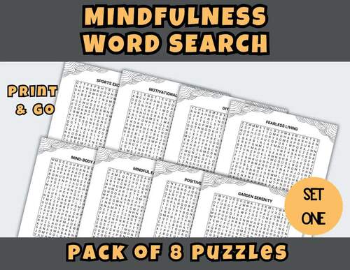 SEL Mindfulness Word Search Printable Activities Stress Relief Puzzle Set 1