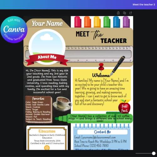 Meet the Teacher Canva Template Editable | Classic School Theme PDF
