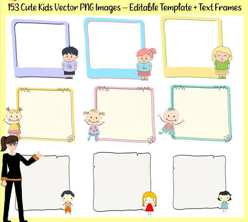 Kids Cartoon Vector Clipart 5, Cute Stick Figures, Text Frames, Plus ...