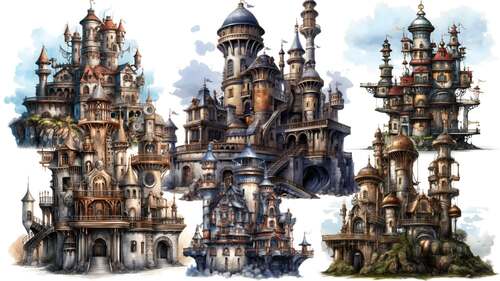 Watercolor Steampunk Castles Clipart Set of 20 Files by ...