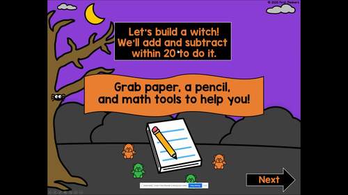 Add Subtract Within 20 Digital Halloween Math Game Google Slides PowerPoint