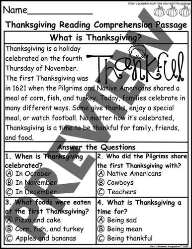 10 Thanksgiving Reading Comprehension Passages for 1st Grade 2nd Grade ...