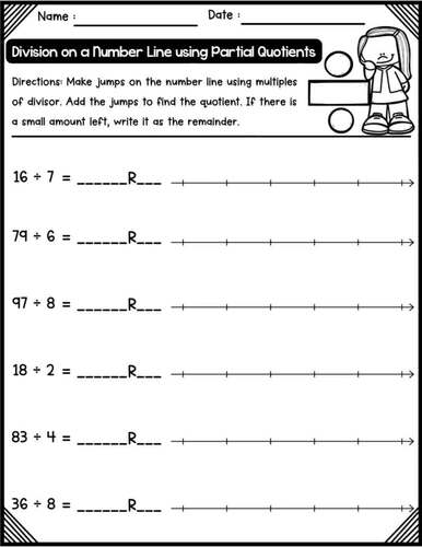 2 Digit by 1 Digit Division Partial Quotients with Number Line Worksheets