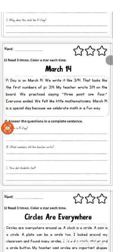 Pi Day Reading Comprehension Passages | Pi Day Worksheets for 1st & 2nd ...