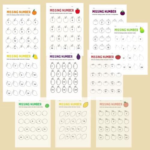 10 Pages of Missing Numbers 1-20, Fruits Theme Printable Activity for ...