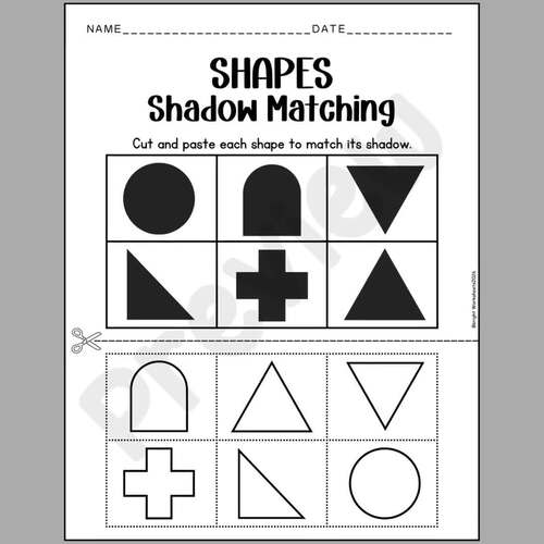 Shapes Shadow Matching Worksheets | Cut & Paste and Draw a Line | Pre-K & K