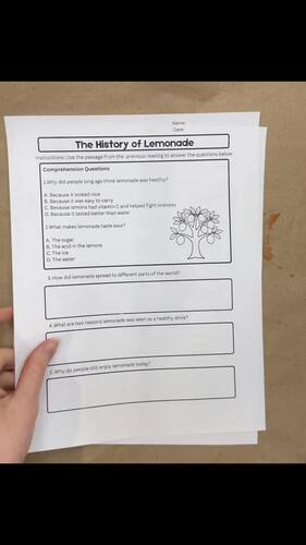 History of Lemonade 4th grade Cloze Reading passage Worksheet activity ...