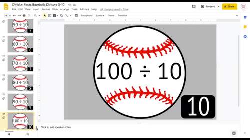Division Facts Google Classroom™ Digital Flash Cards (0-10) Baseball Themed