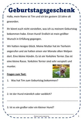 German Animal Short Stories - Reading Comprehension Passages - DAF A2 to B2