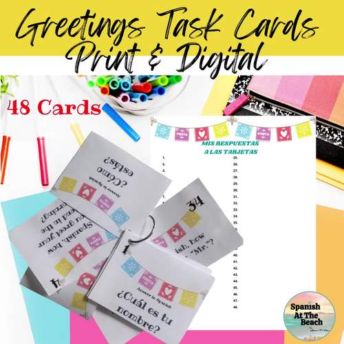 Spanish Greetings Task Cards (PDF & Digital) + Bonus Puzzle | TPT