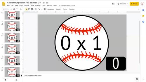 Baseball Multiplication Facts Google Classroom™ Digital Flash Cards (0-9)