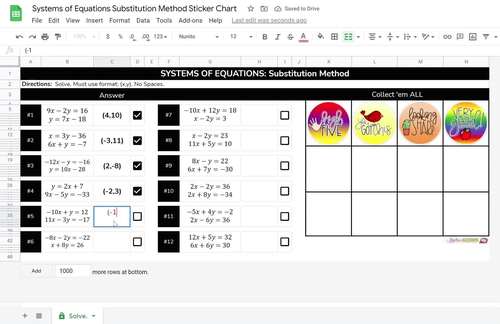 Google Sheets Algebra Systems of Equations Substitution Method STICKER ...