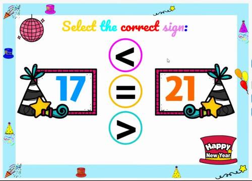 New Years 2025 Math Boom Cards Comparing Numbers to 100 1st Grade Math